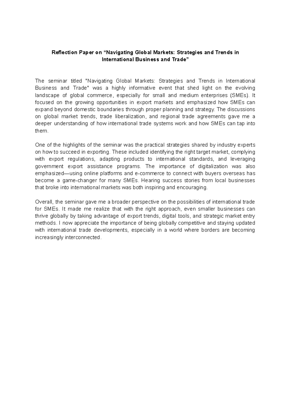 Reflection Paper: Global Markets Strategies for SMEs in Int'l Business ...