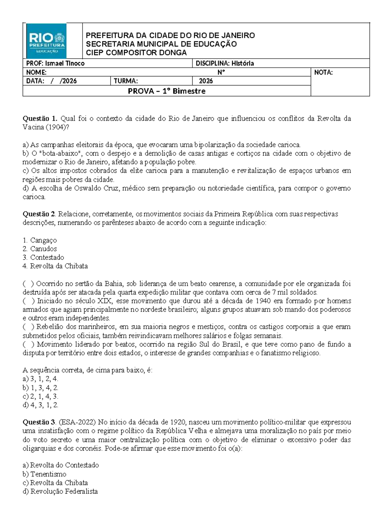 Prova 1º Bimestre - História - CIEP 2026 - Questões sobre Revolta da ...