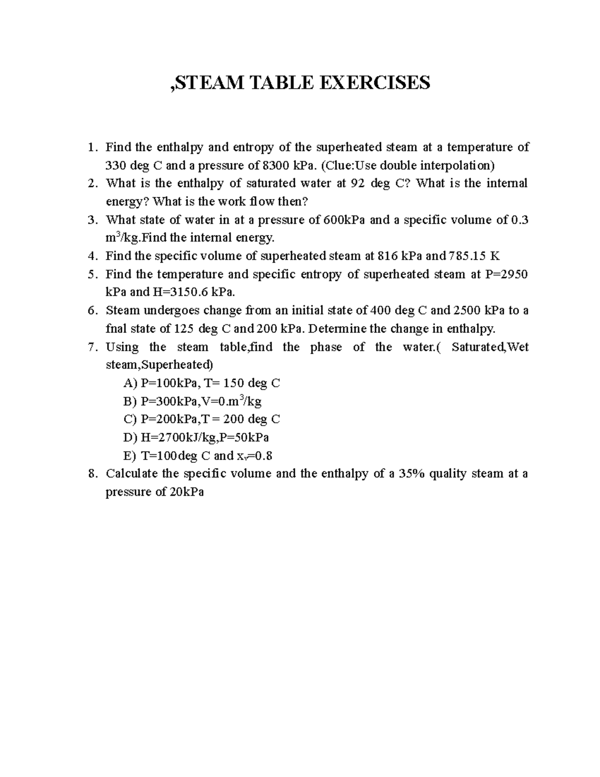 Steam Table Exercises - Problem Set (Thermodynamics) - Studocu