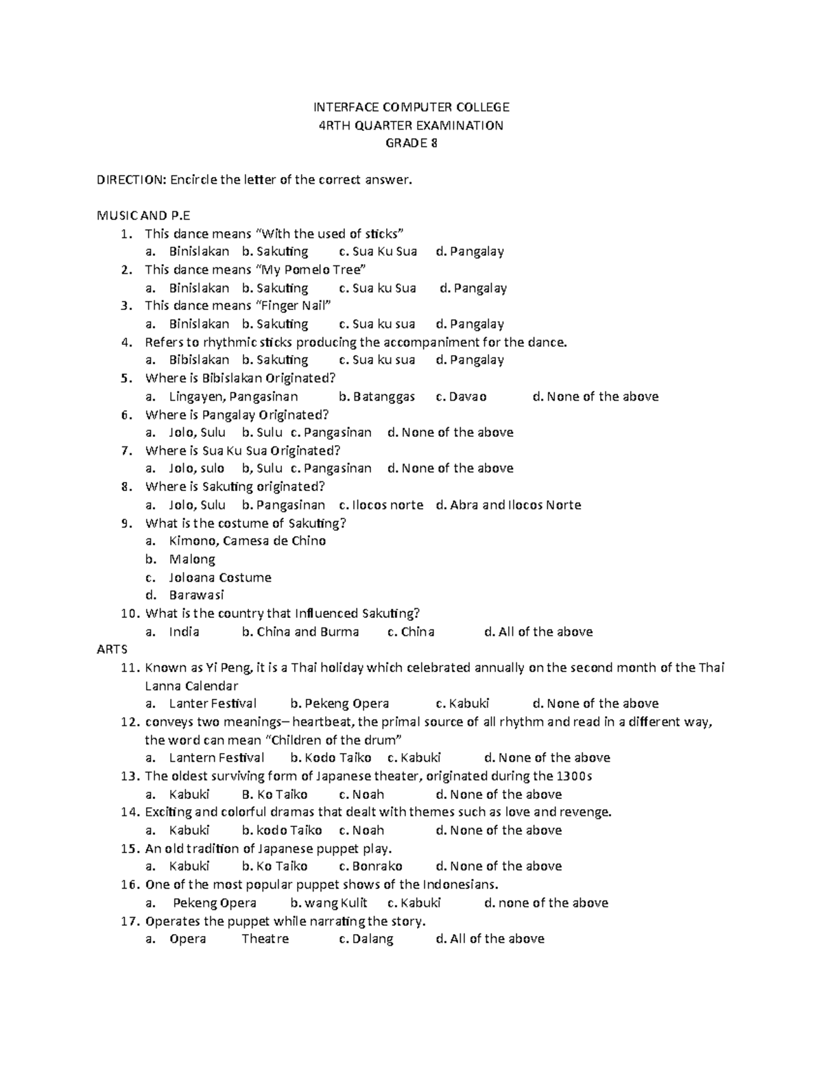 Grade 8 MAPEH 4th Quarter Exam Review and Answer Key - Studocu