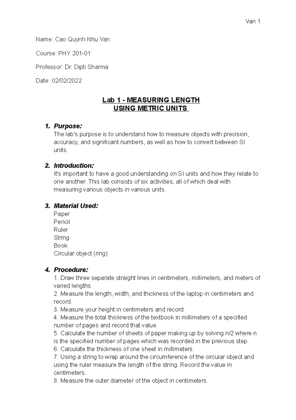 PHY-201-01 Lab Report 1: Measuring Length Using Metric Units - Studocu