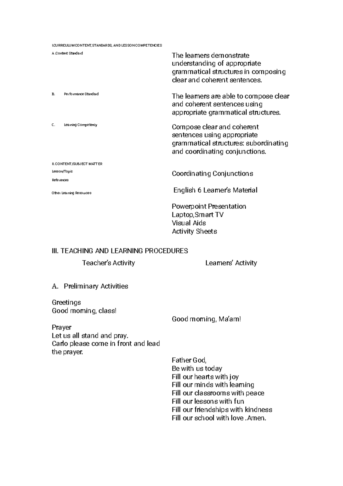 Final Lesson Plan: English 6 - Coordinating Conjunctions - Studocu
