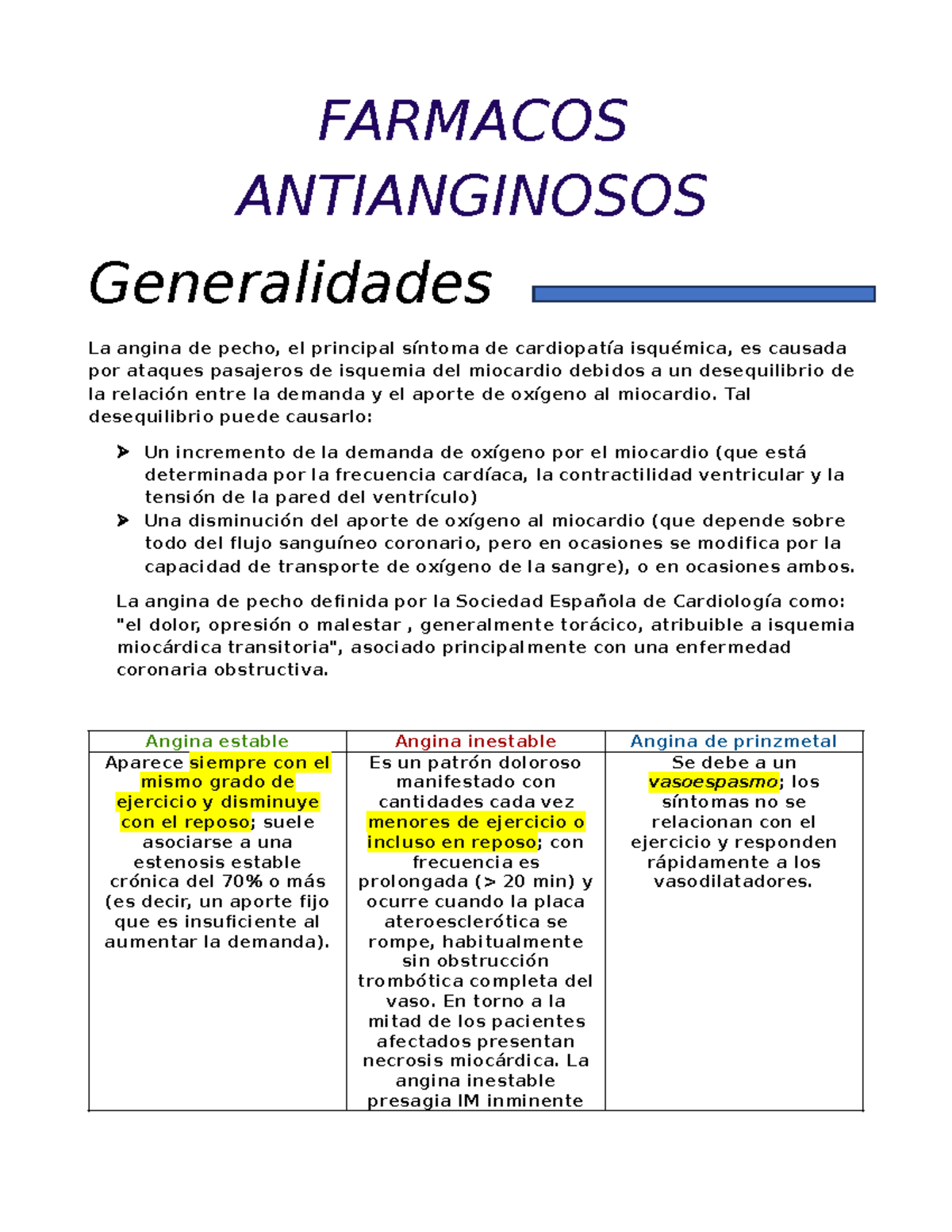 FARMACOS ANTIANGINOSOS: Generalidades y Mecanismos de Acción - Studocu