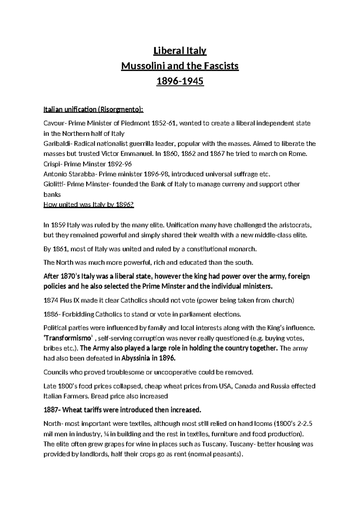 Liberal Italy: Mussolini, Fascism, and the Unification Era (HIST 101 ...