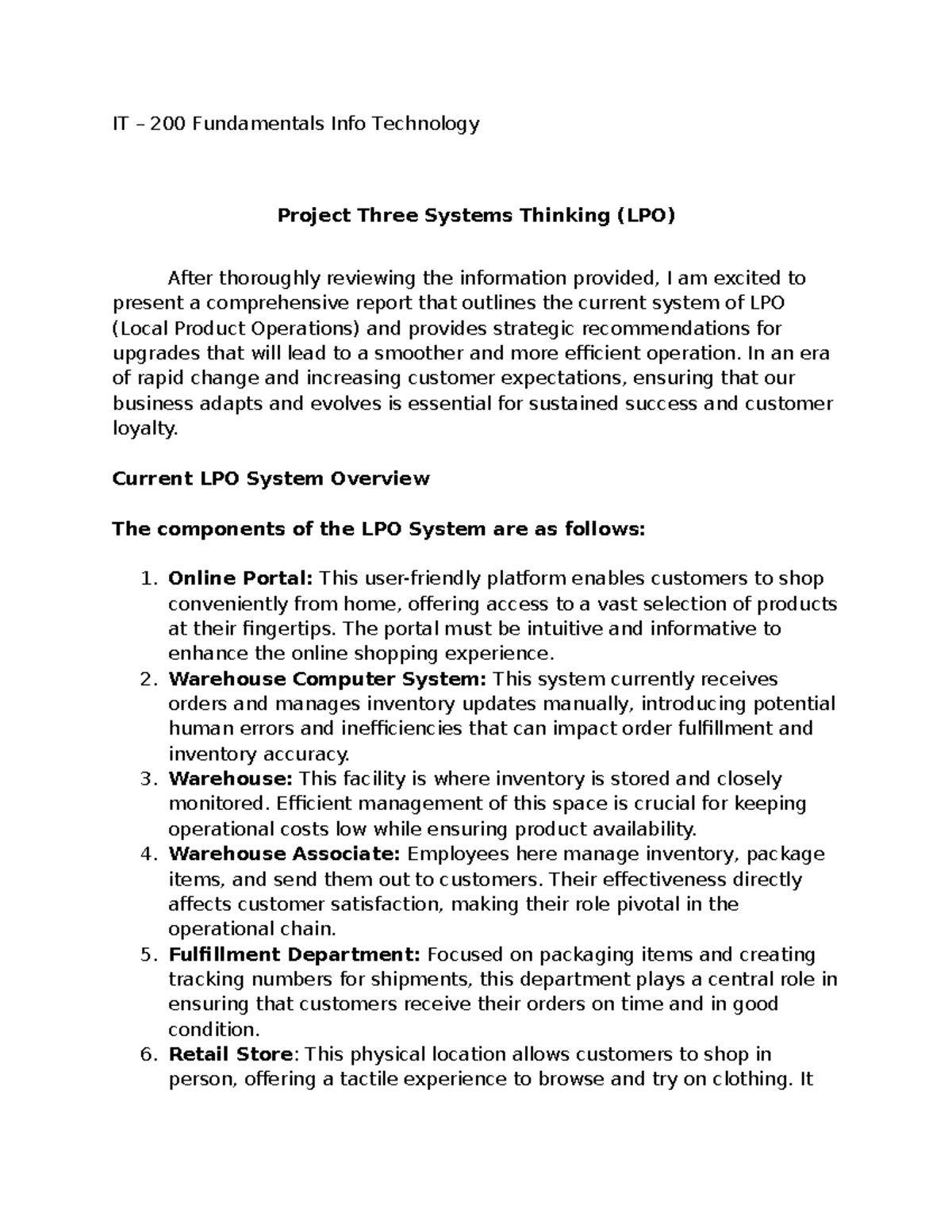 IT 200 Project 3: Systems Thinking Analysis of LPO Operations - Studocu