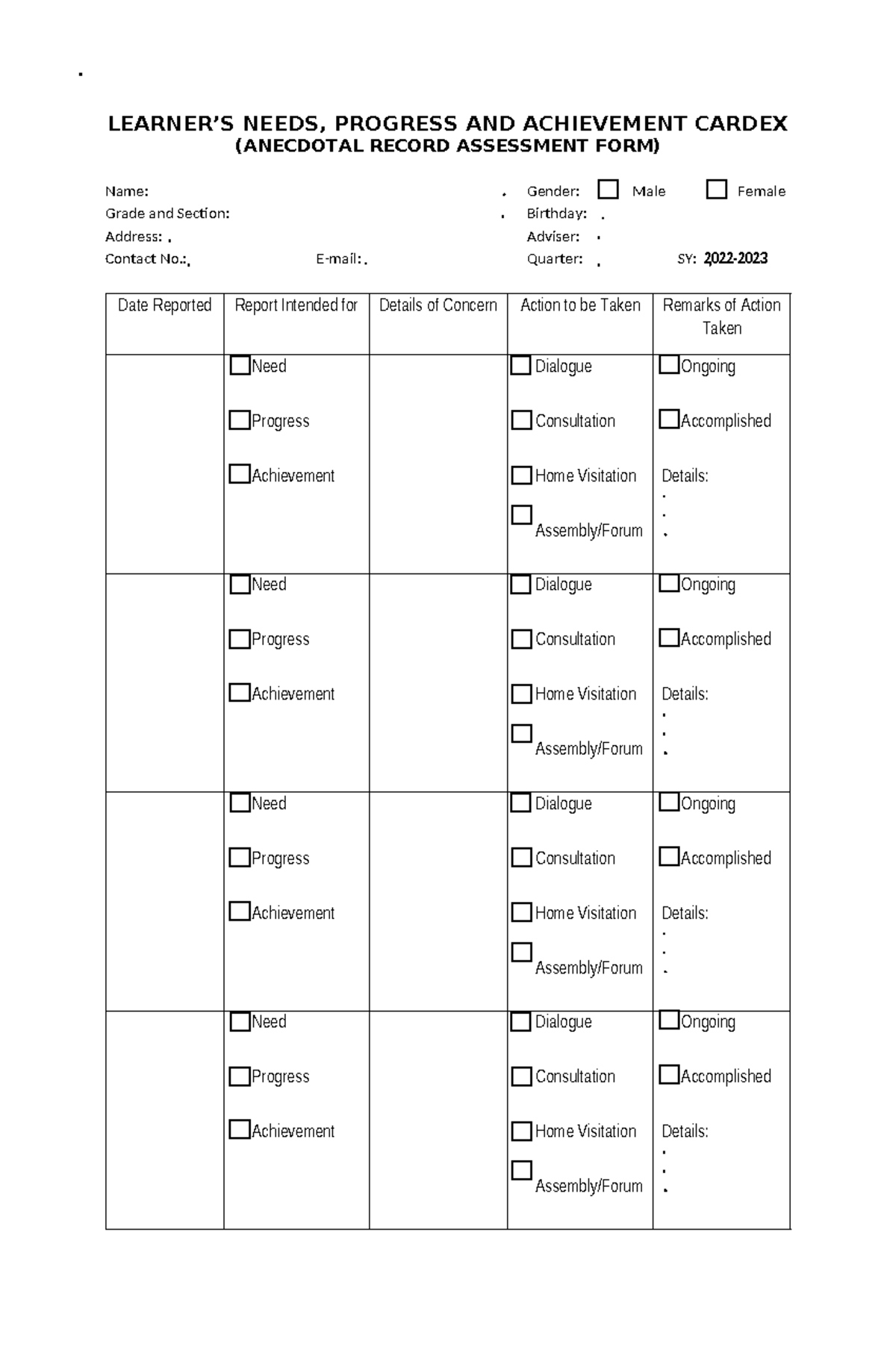 Anecdotal Record for Learner Needs and Progress Assessment Form - Studocu
