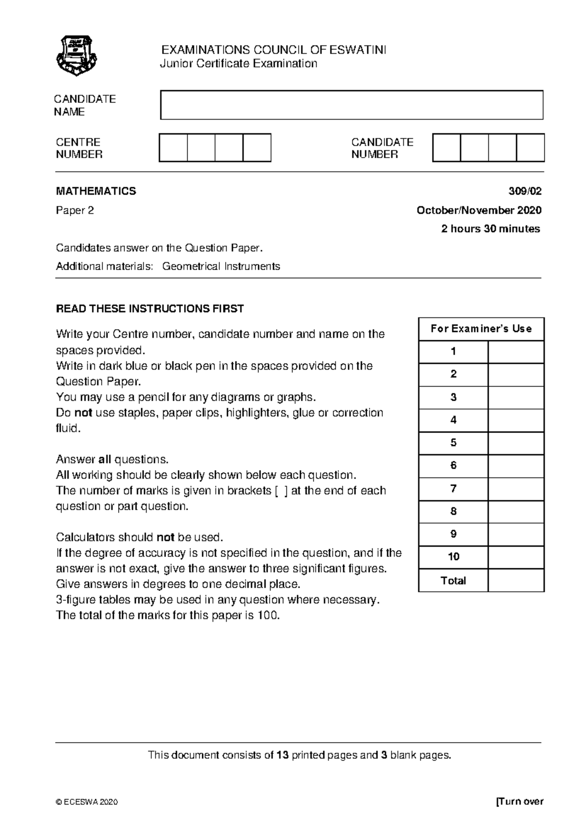 JC Mathematics 2020 Paper 2 Examination Questions - Studocu