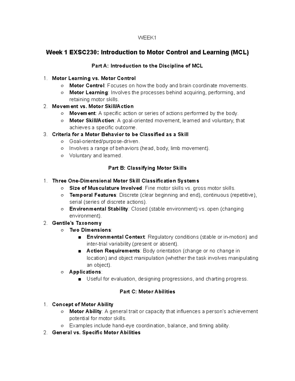 EXSC230 Week 1-6 Study Notes: Motor Control & Learning Overview - Studocu