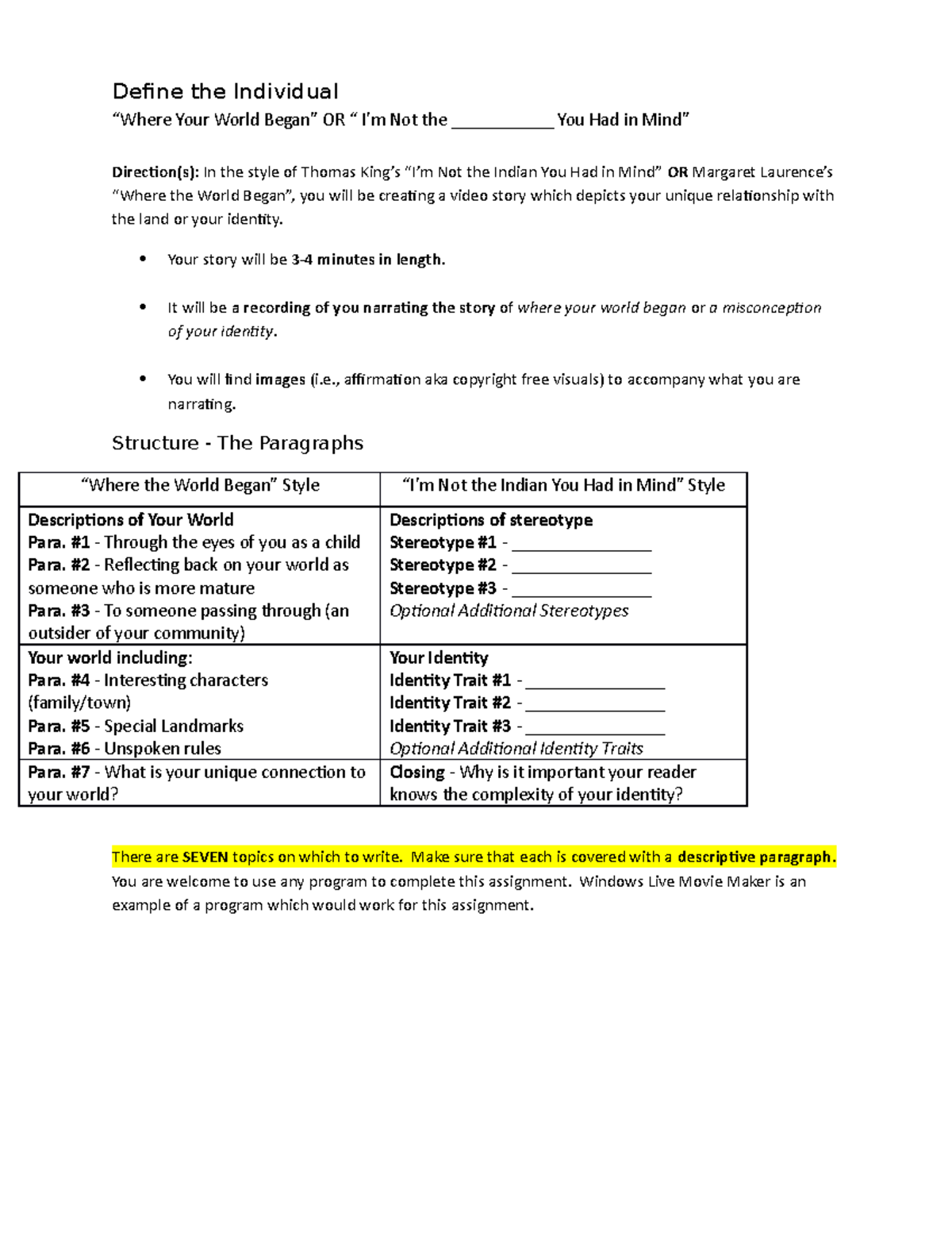 ELA 30 Final Exam: Video Story on Identity and Connection to Land - Studocu