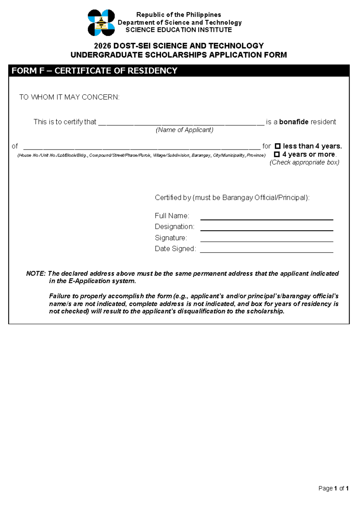 Philippines DOST 2026 Science & Tech Scholarship Form F - Studocu