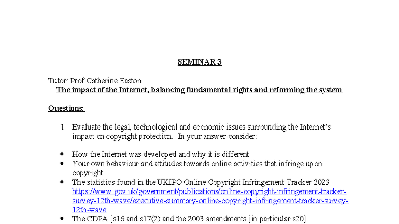 IP Seminar 3: The Impact of the Internet on Copyright Law - Studocu