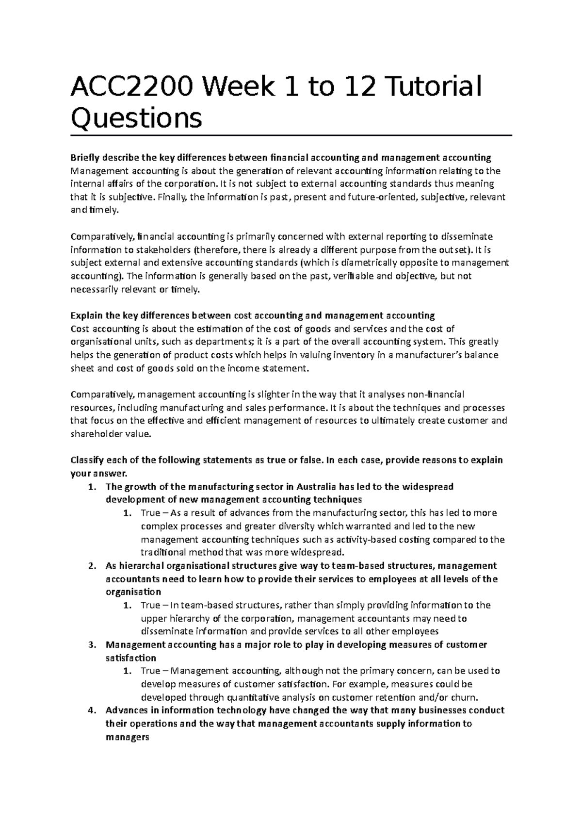 ACC2200 Week 1 to 12 Tutorial Questions - ACC2200 Week 1 to 12 Tutorial ...