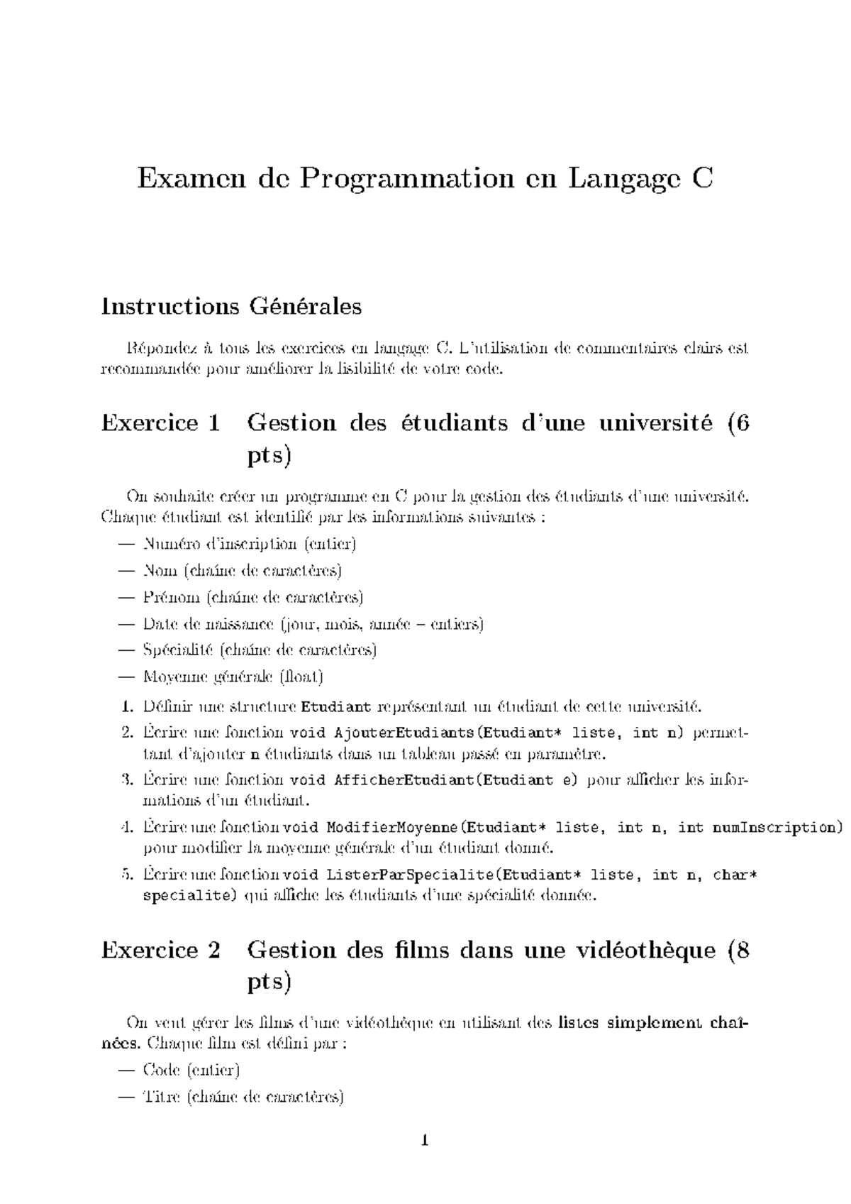 Examen de Programmation en Langage C - Instructions Générales - Studocu