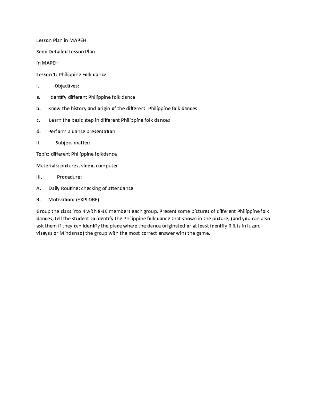 Lesson PLAN IN FOLK Dance IN THE PHILIPPINES - Lesson Plan in MAPEH ...