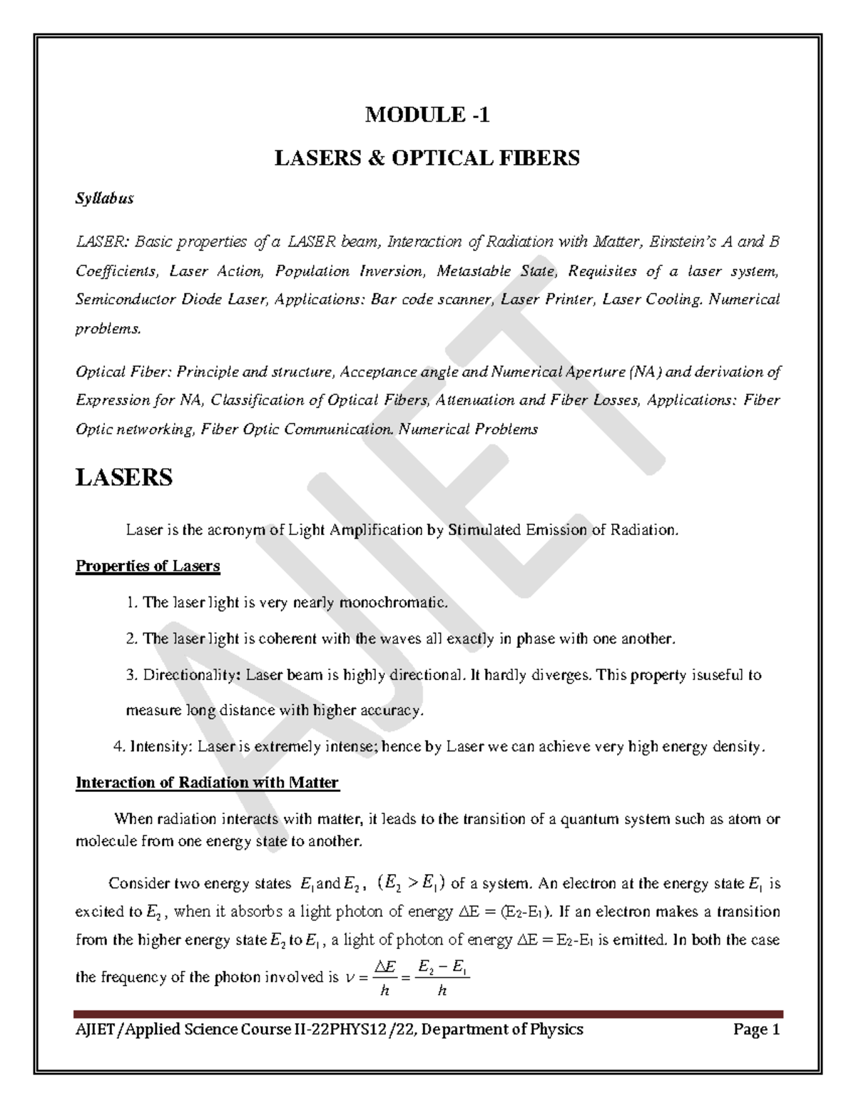 CSE 101: LASERS & Optical Fibers - Comprehensive Study Notes - Studocu