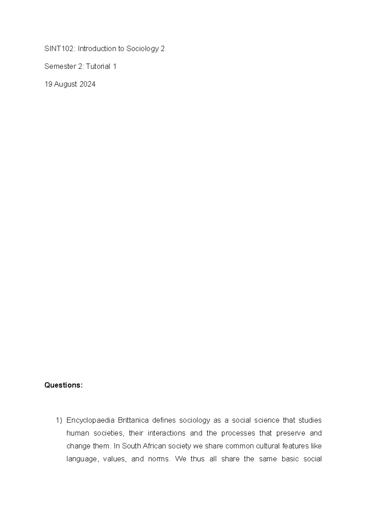 SINT102: Sociology Tutorial 1 - Understanding Ubuntu in SA Society ...