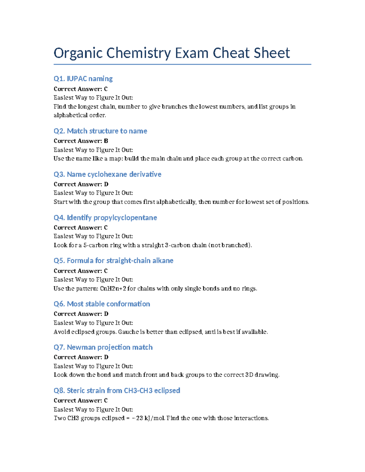 O-Chem Exam Cheat Sheet - Organic Chemistry Exam Cheat Sheet Q1. IUPAC naming Correct Answer: C ...
