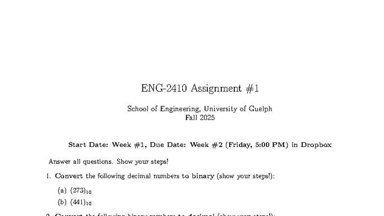 Eng241 Assignment 1 - Binary & Number Base Conversions F25 - Studocu