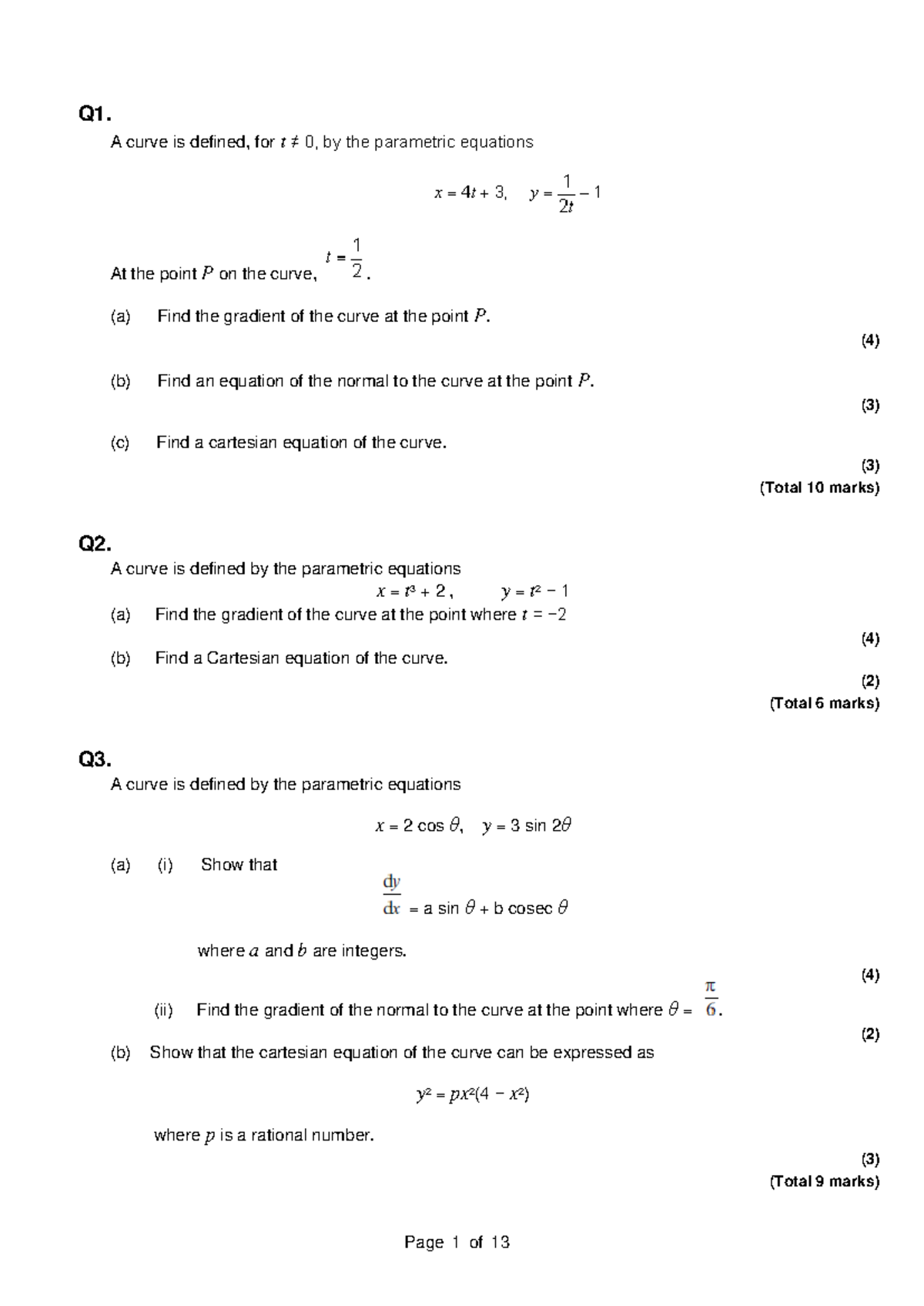 Parametric Equations and Their Gradients - Practice Questions (Math 101 ...
