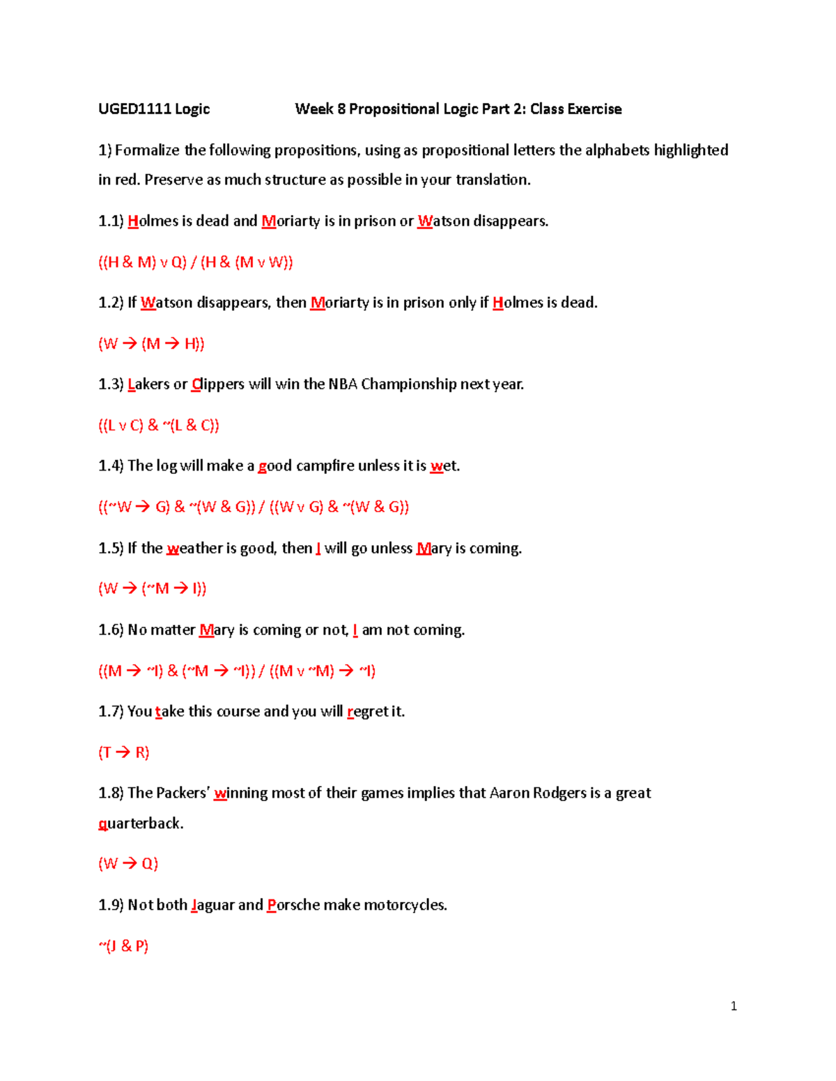 Week 8 Propositional Logic Part 2 Class Exercise Answer Key (202223 Sem ...