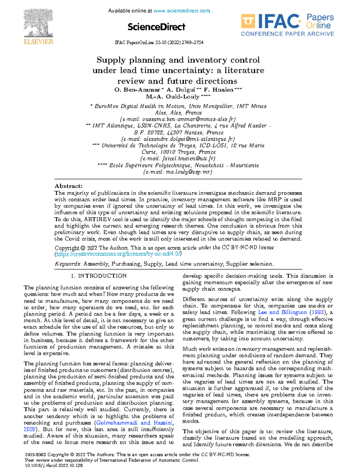 Supply Planning and Inventory Control Under Lead Time Uncertainty: A ...