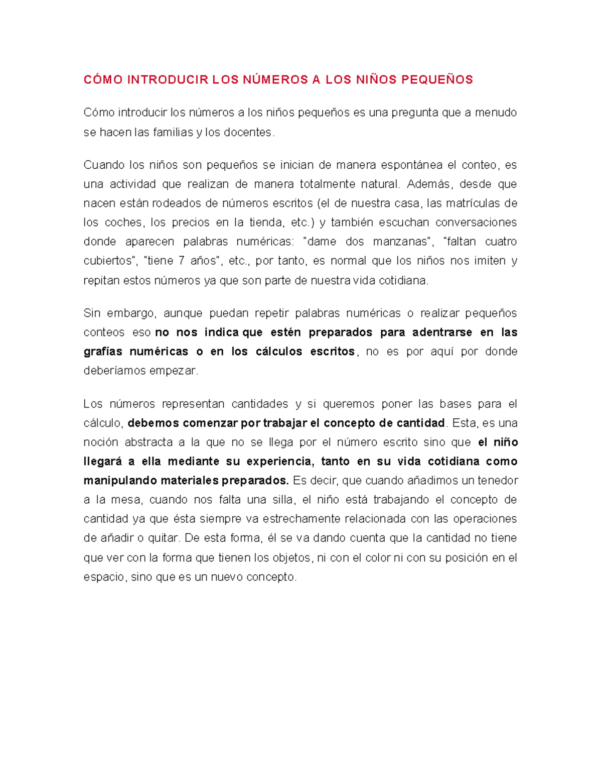 Introducción de Números en Niños Pequeños: Estrategias Educativas - Studocu