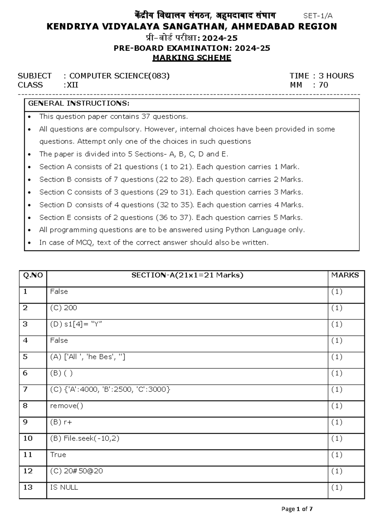 CS-XII Marking Scheme for Computer Science Exam 2024-25 - Studocu