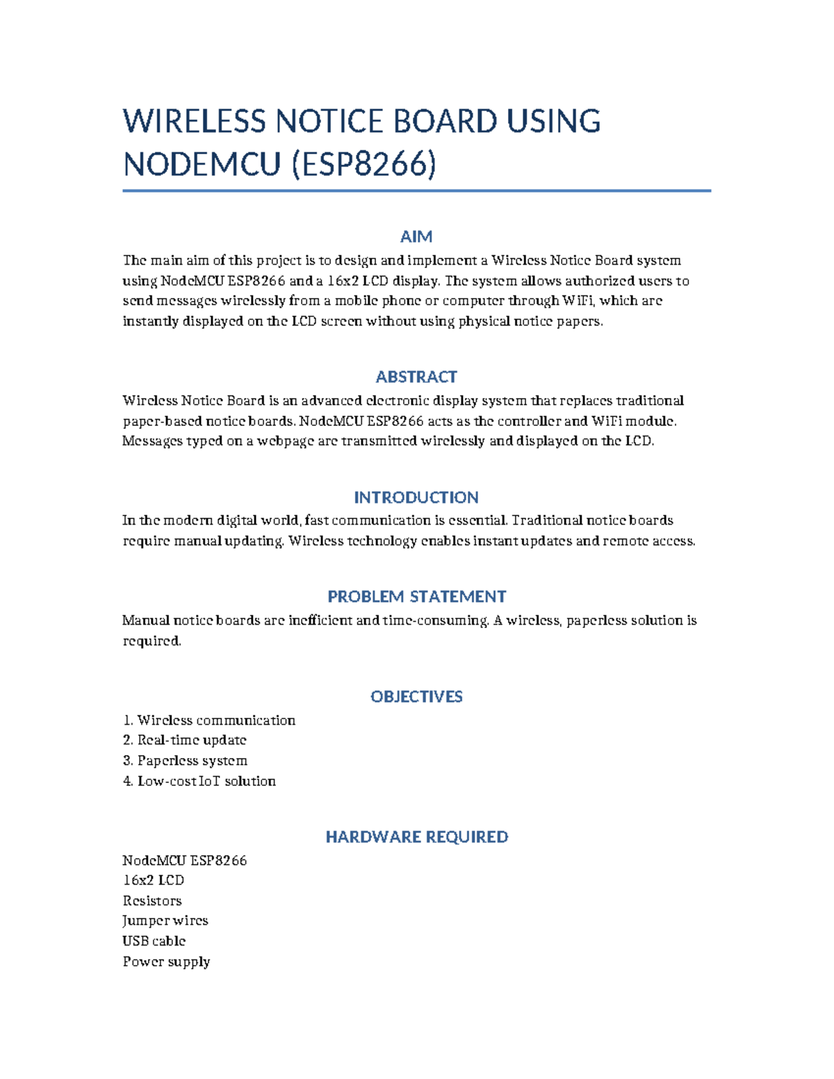 Wireless Notice Board Project Report (NodeMCU ESP8266) - Studocu
