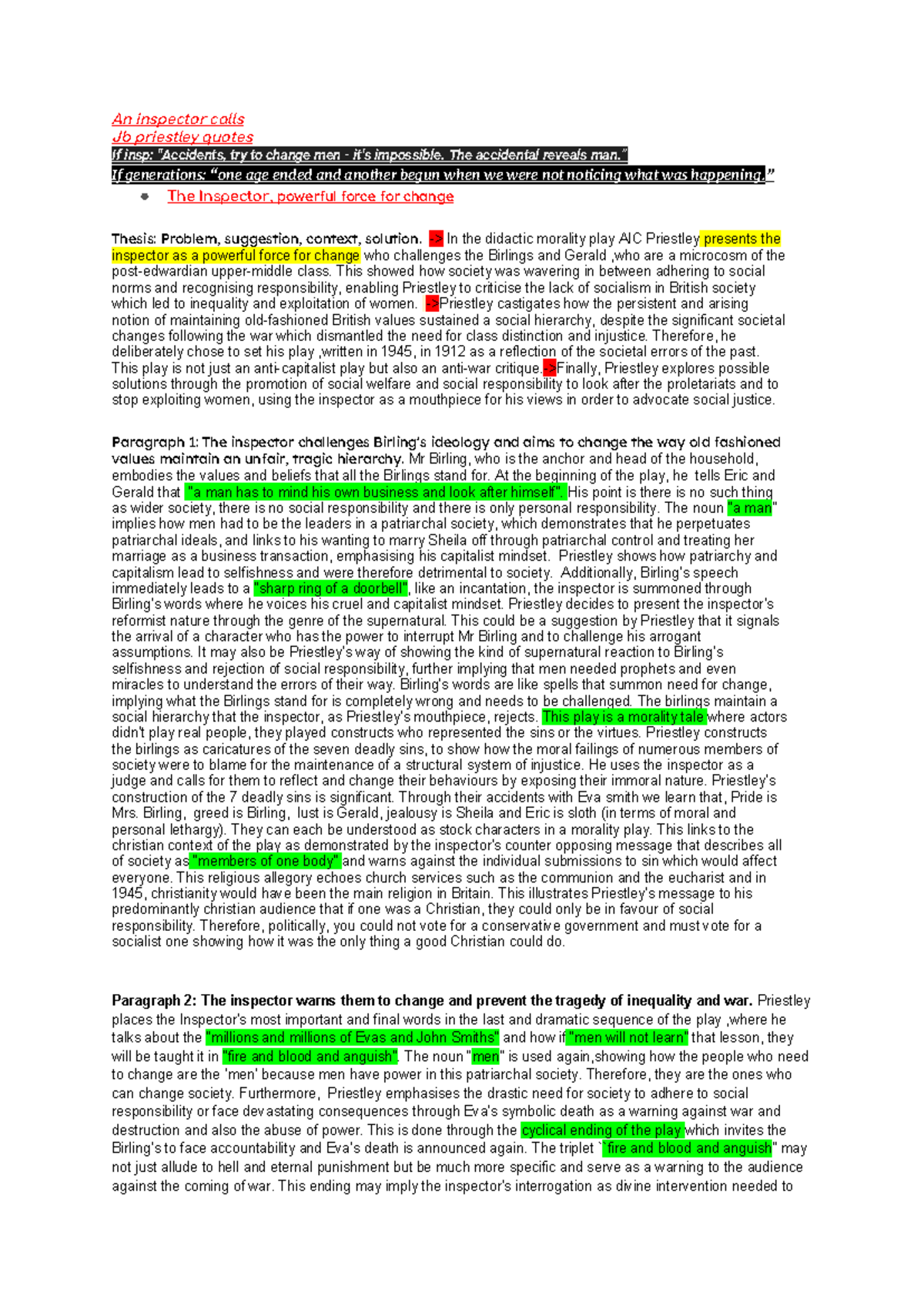 Lit 2 Prep - Grade 9 Essays on "An Inspector Calls" Themes and Analysis ...