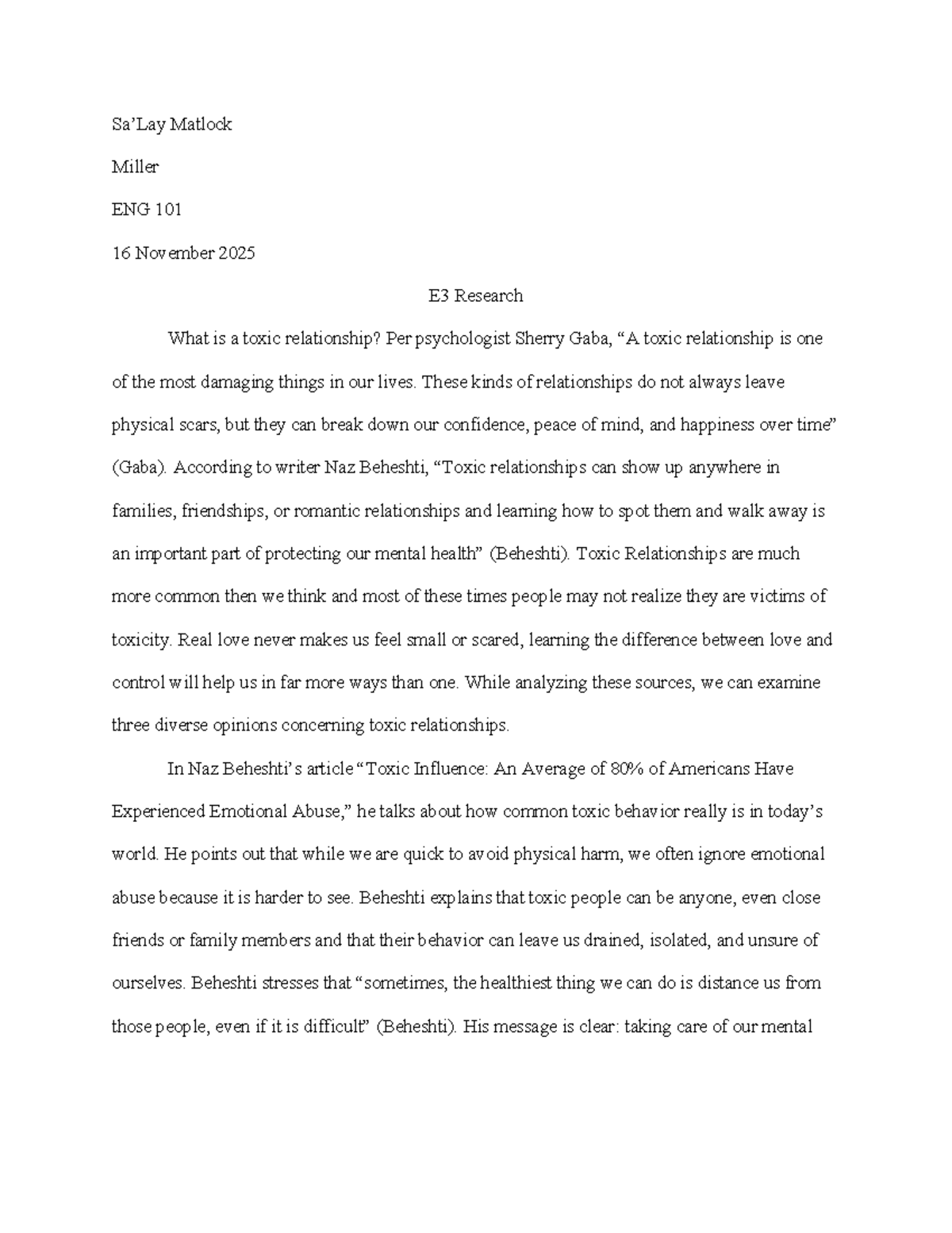 ENG 101 E3 Research: Understanding Toxic Relationships - Studocu