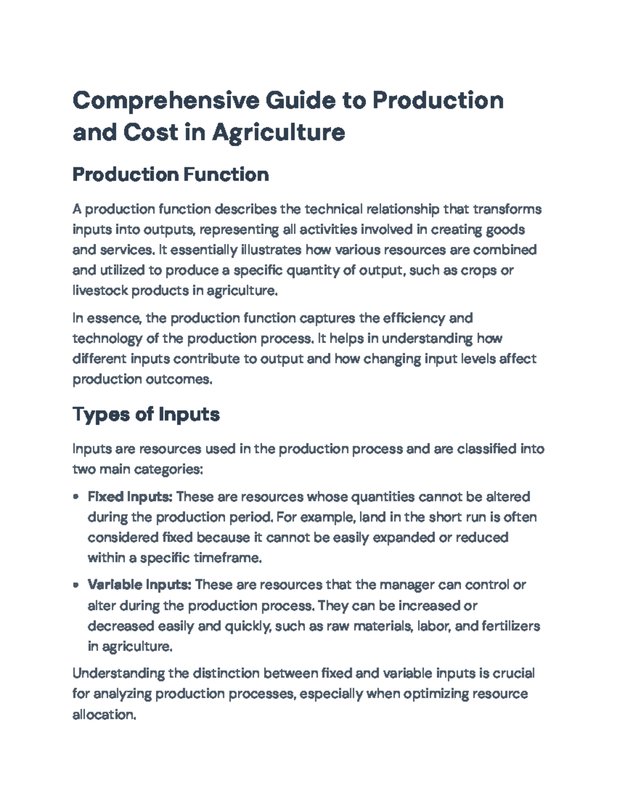 Comprehensive Guide to Production & Cost in Agriculture (AGRI 101 ...