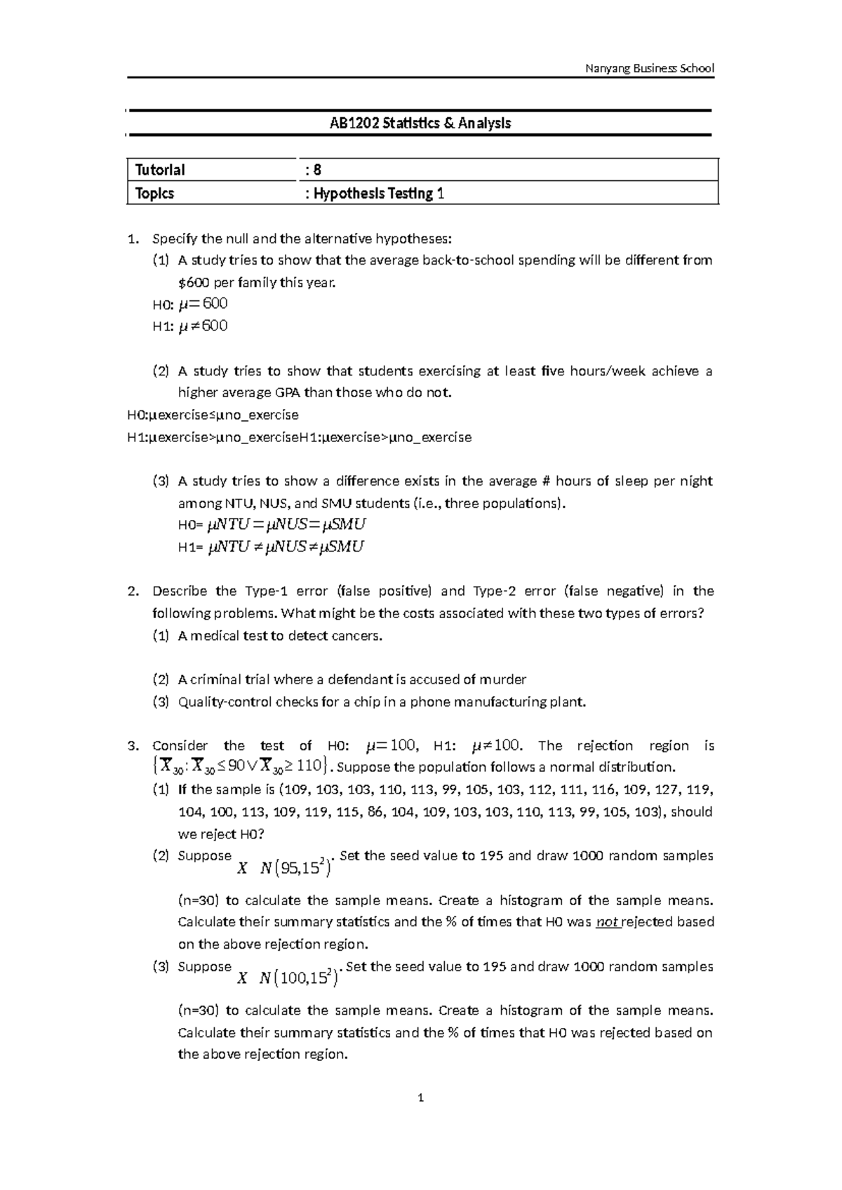 Questions week 8 - Nanyang Business School AB1202 Statistics & Analysis ...