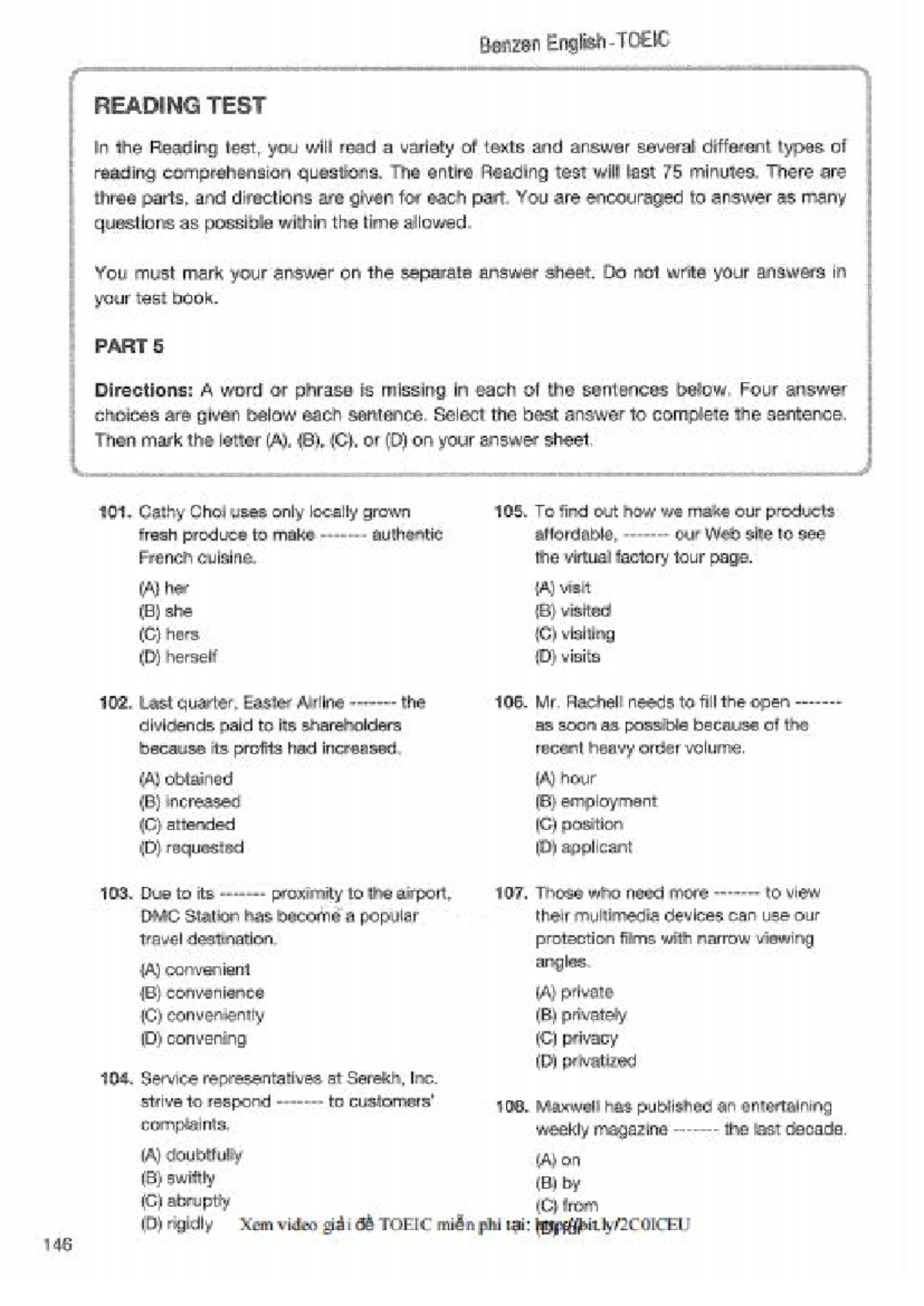Test 10 - (101-146) - TOEIC Reading Comprehension Practice - Studocu