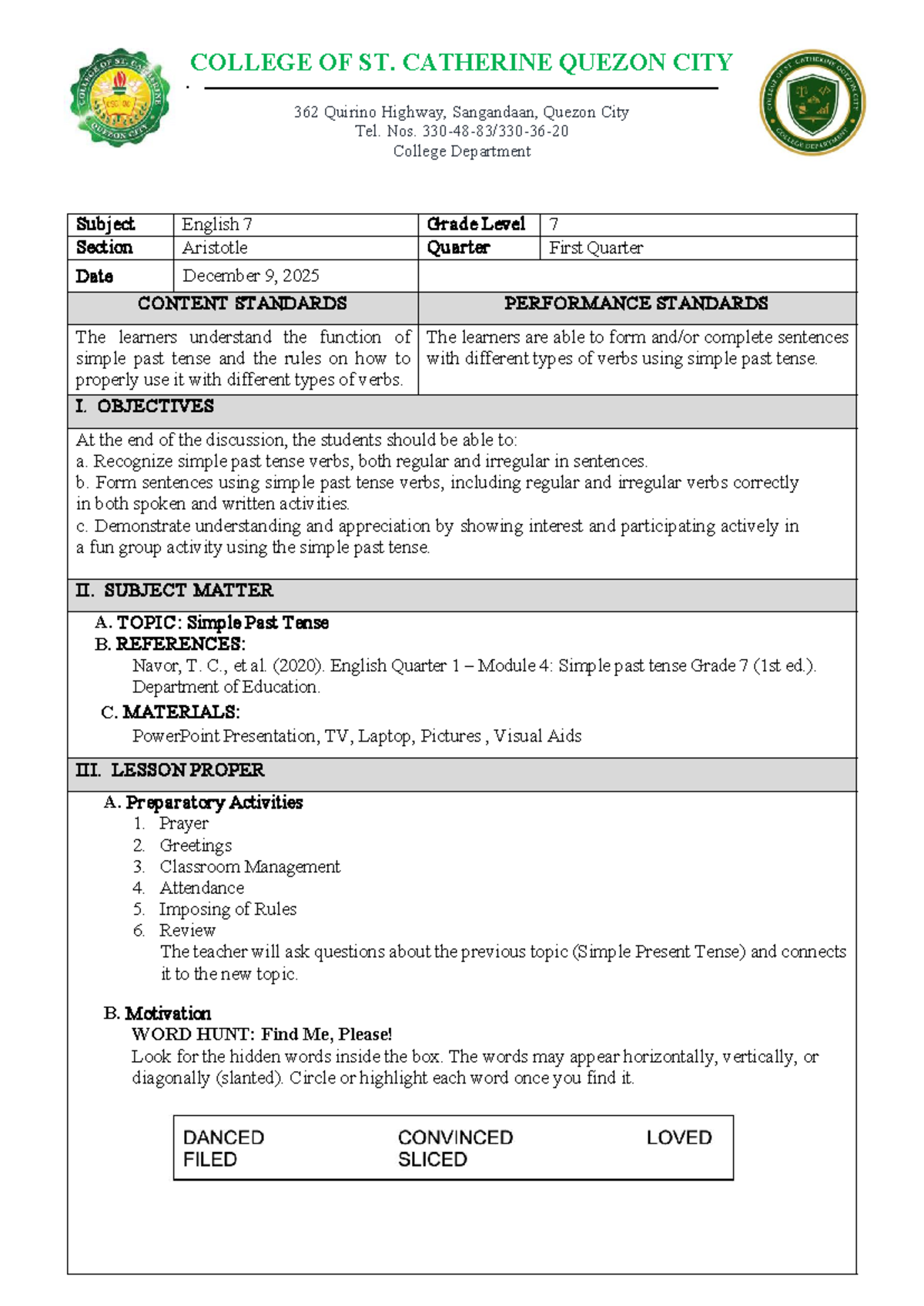English 7 Lesson Plan: Simple Past Tense (TA-Grammar) - Studocu
