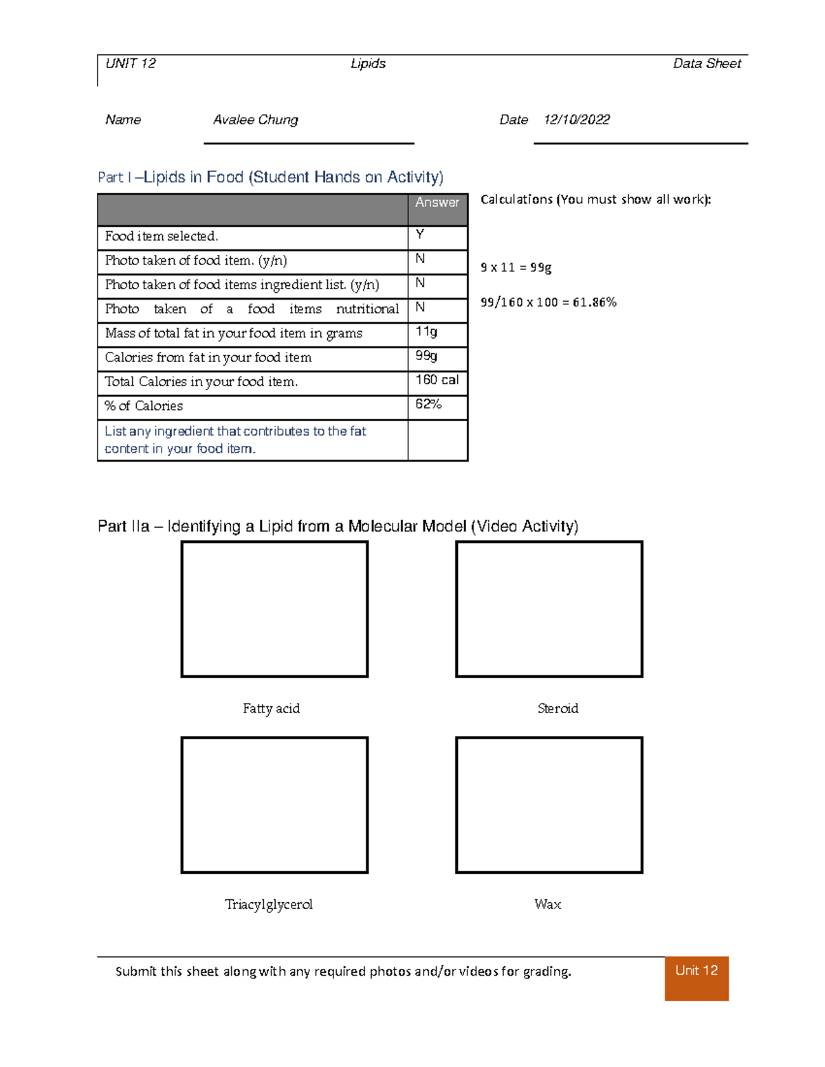 Unit 12: Lipids in Food & Saponification Activity Data Sheet - Studocu