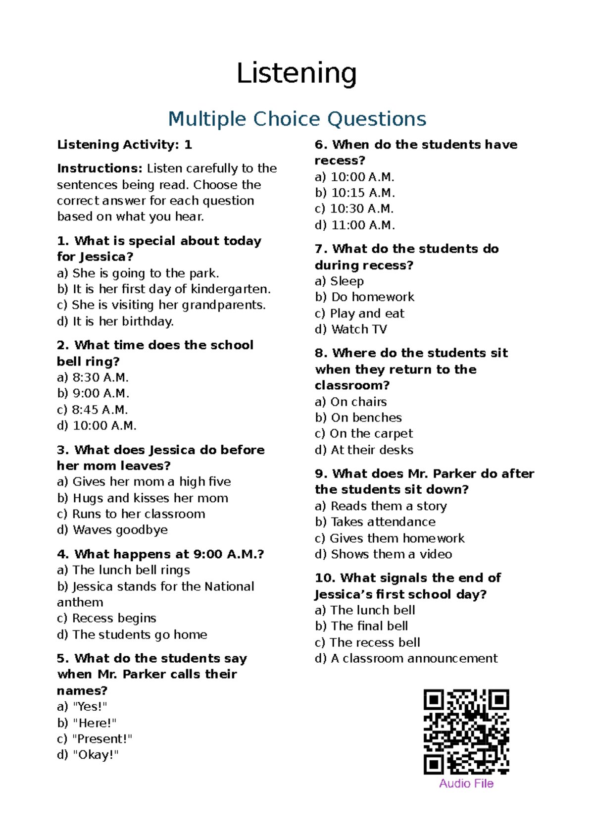 Level 1 Listening - MCh Q Lesson 5: Listening Activities and Questions ...