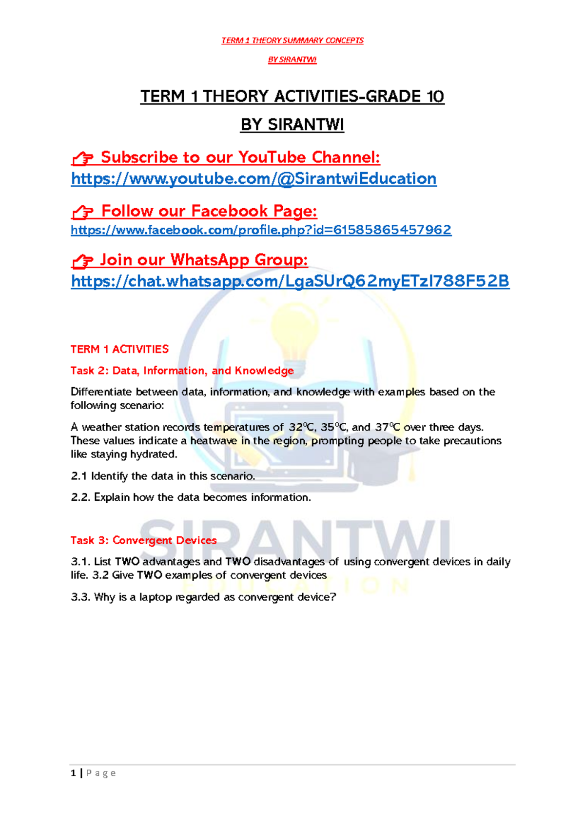 Grade 10 TERM 1 Theory Activities Summary - Sirantwi Education - Studocu