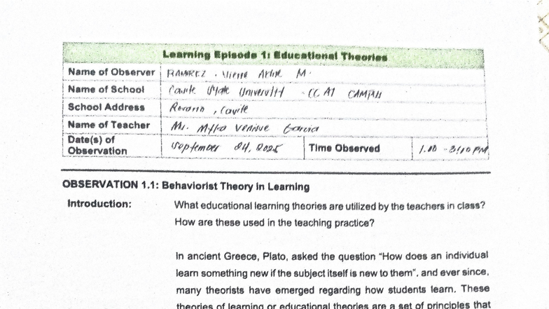 Field Study 1: Observation of Behaviorism in Education (RAMREZ) - Studocu
