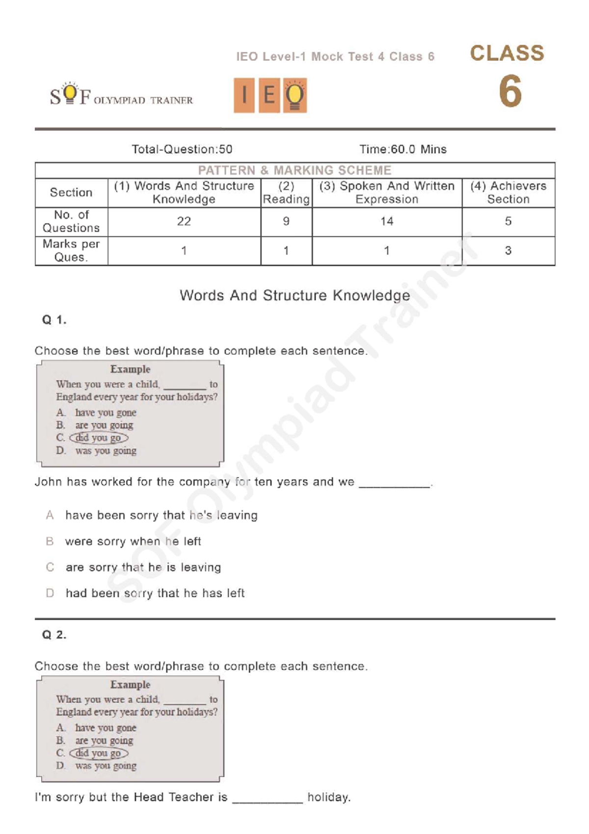 IEO Level 1 Mock Test 4 for Class 6 - SOF Olympiad Trainer - Studocu