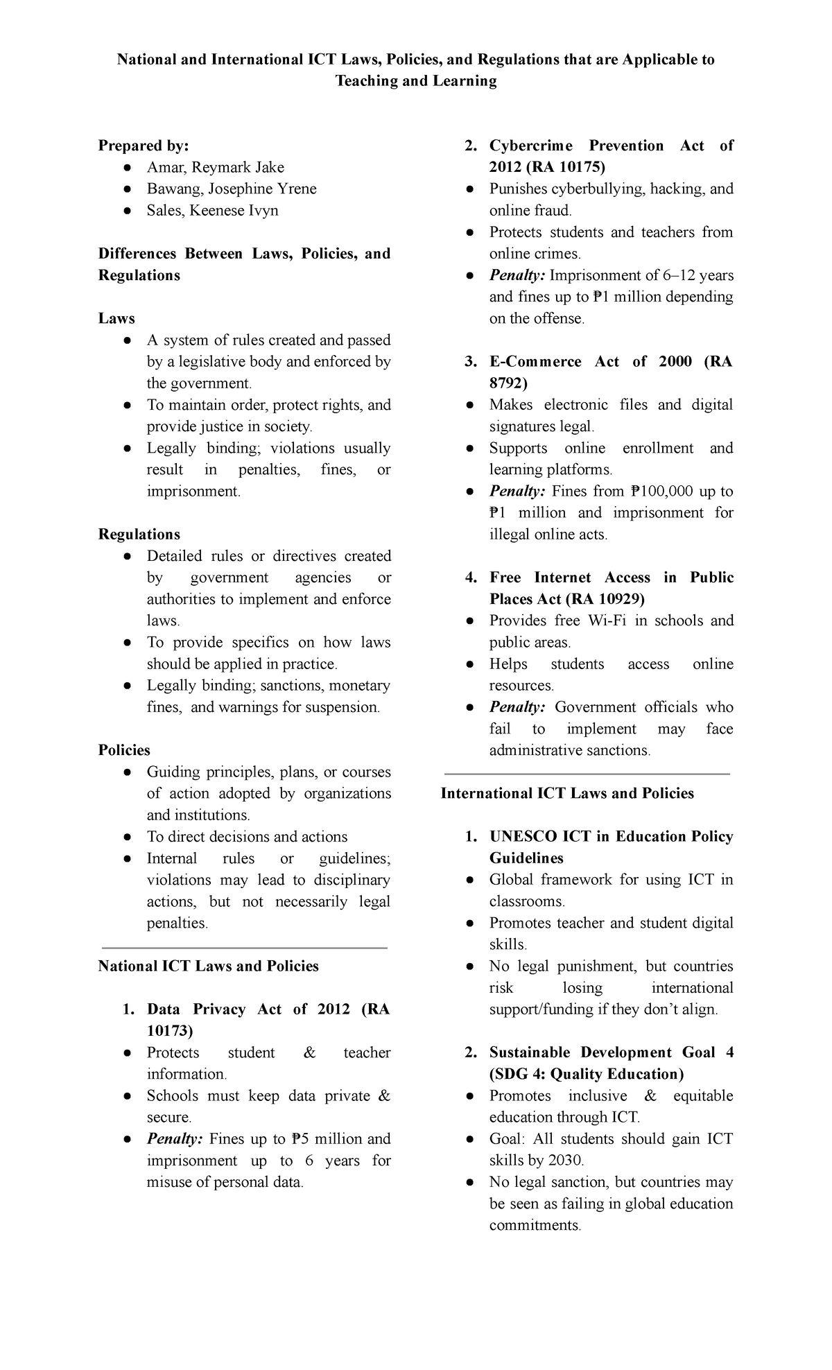 NAT & INT ICT LAWS, POLICIES & REGULATIONS - Group 3 Summary - Studocu