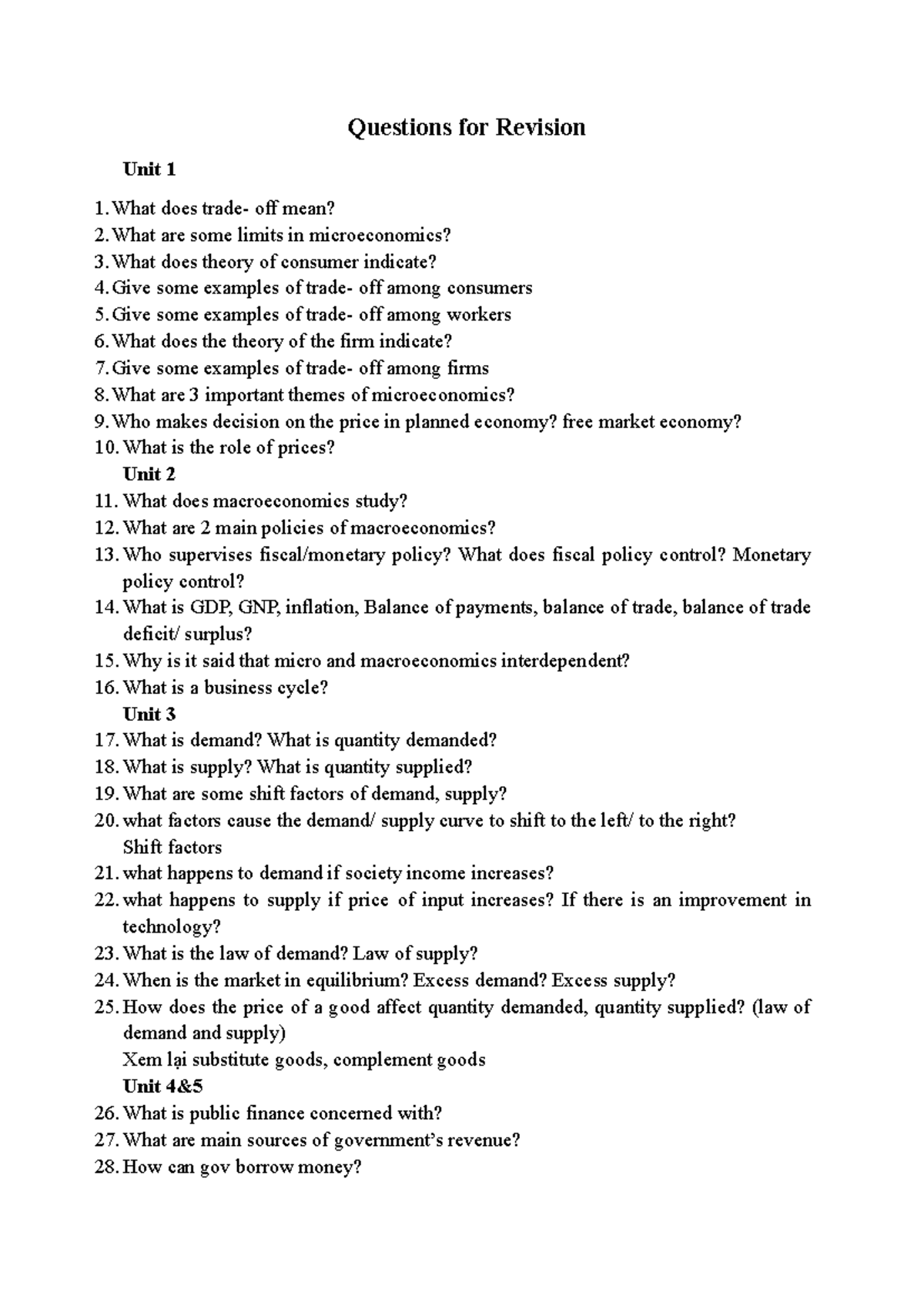 Revision Questions for TAKT: Micro & Macro Economics Units 1-9 - Studocu