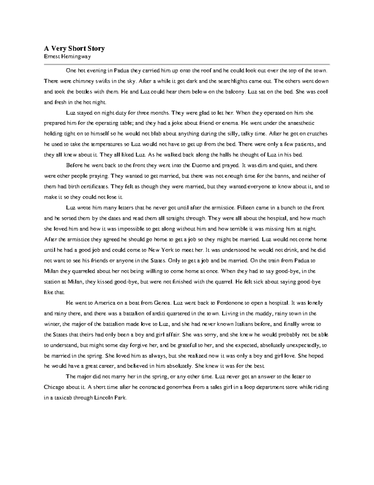 Hemingway, E. - A Very Short Story Analysis and Themes - Studocu