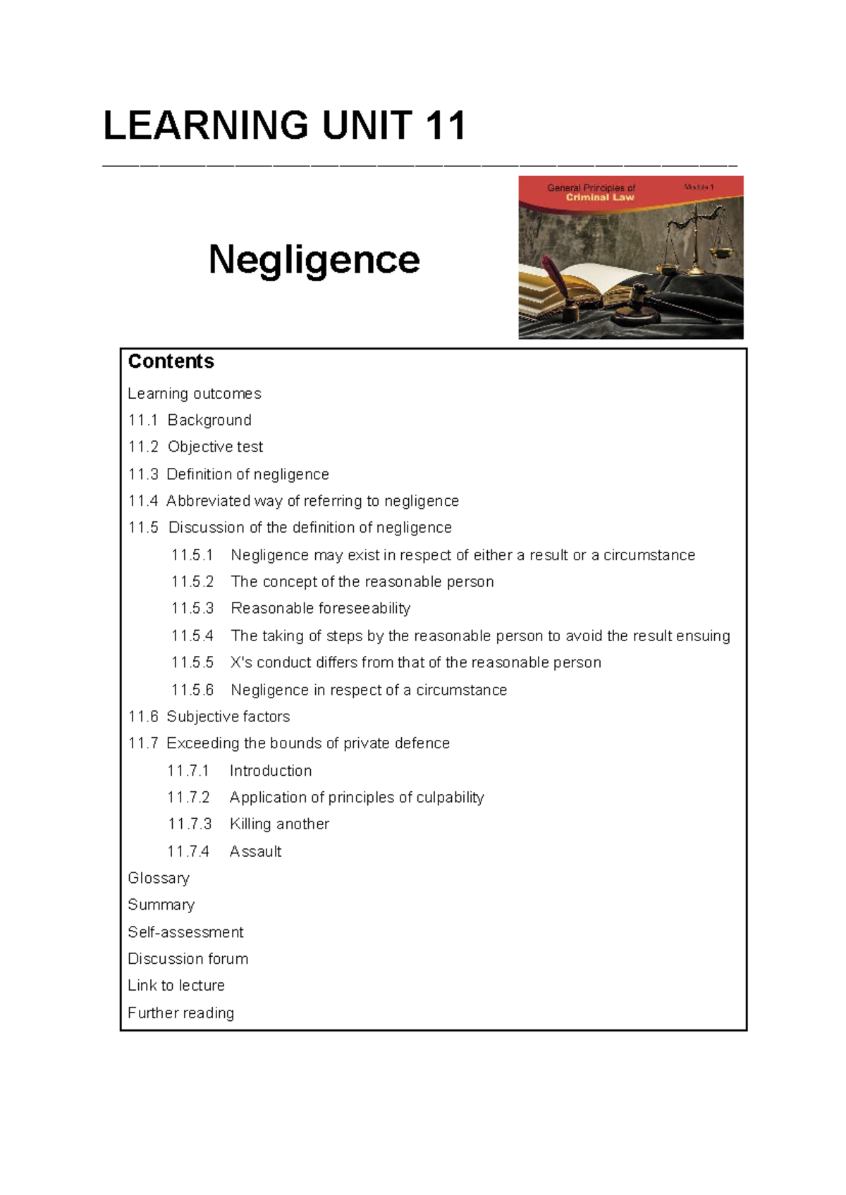 CRW2601 Learning Unit 11: Understanding Negligence in Law - Studocu