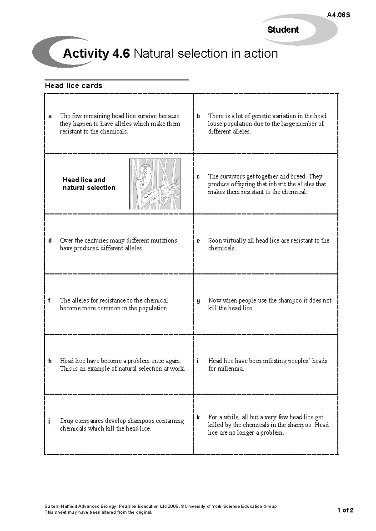 Card sort and questions - Activity 4 Natural selection in action ...