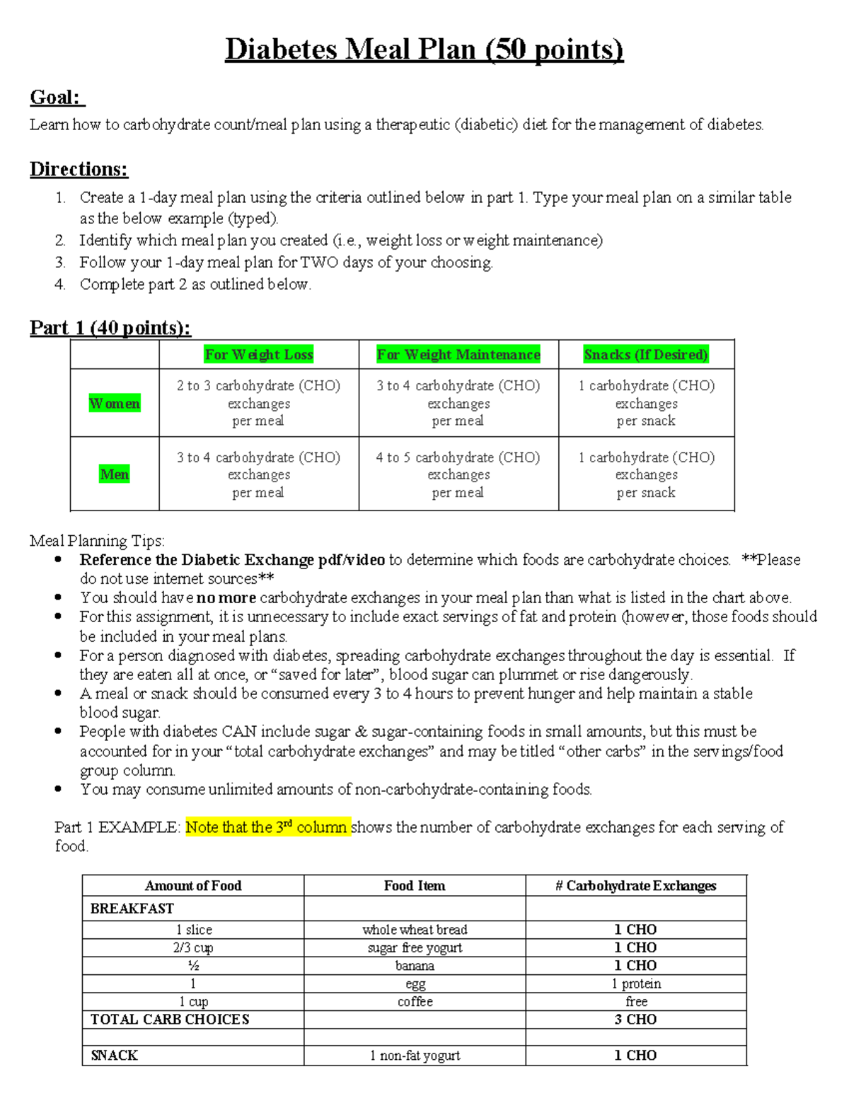 Diabetes Meal Plan with CHO Exchanges: 1-Day Guide for Management - Studocu