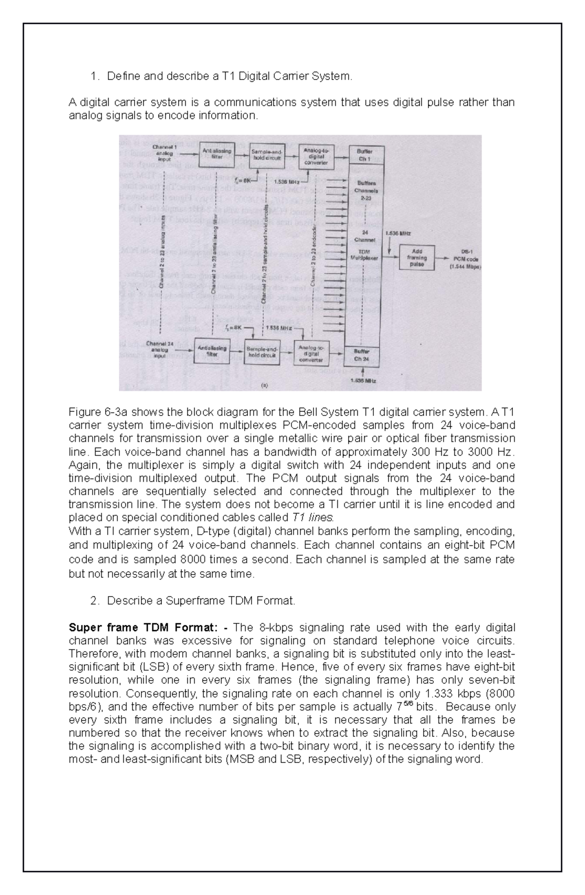 T1 Digital Carrier System Overview and Superframe TDM Format Summary ...