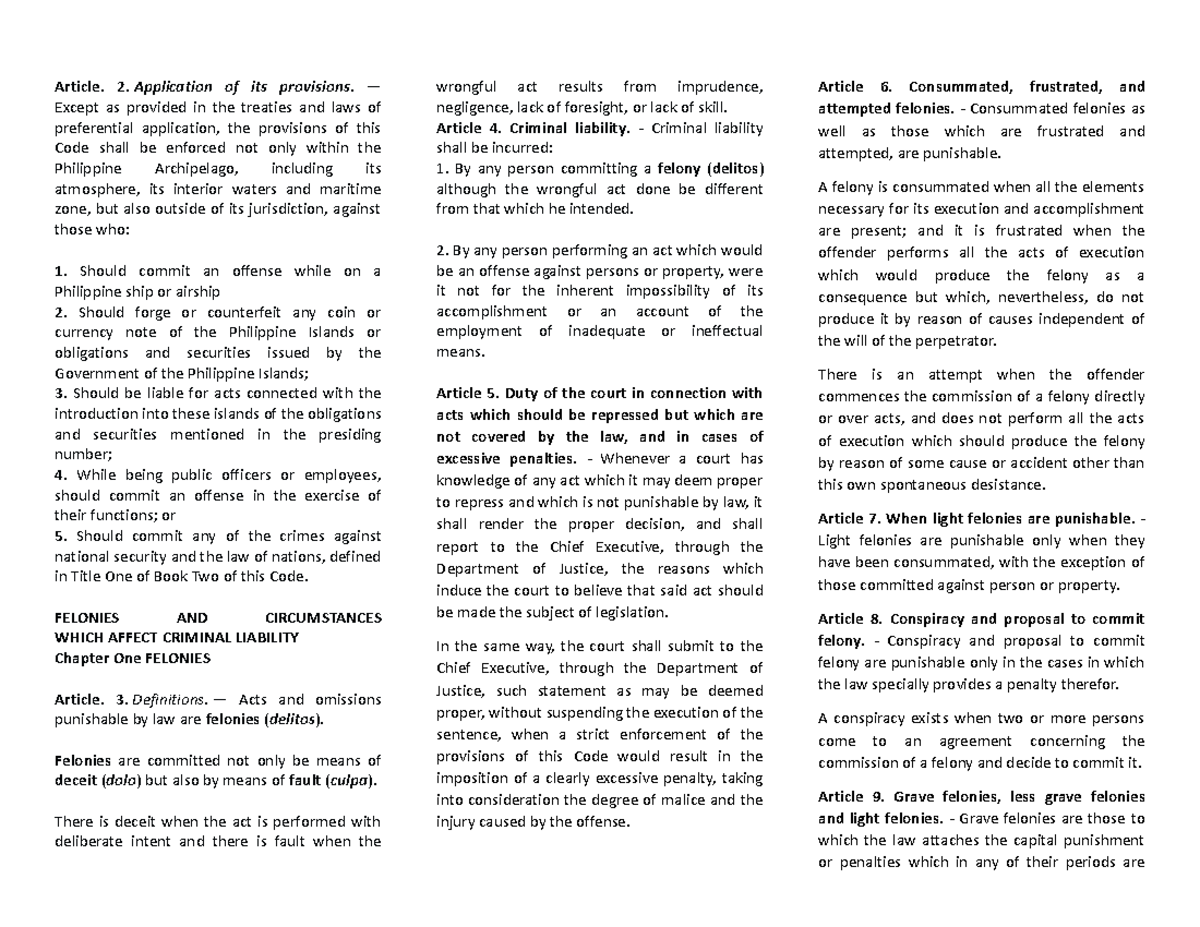 RPC-Articles - Overview of Articles 2 to 15 on Criminal Law - Studocu