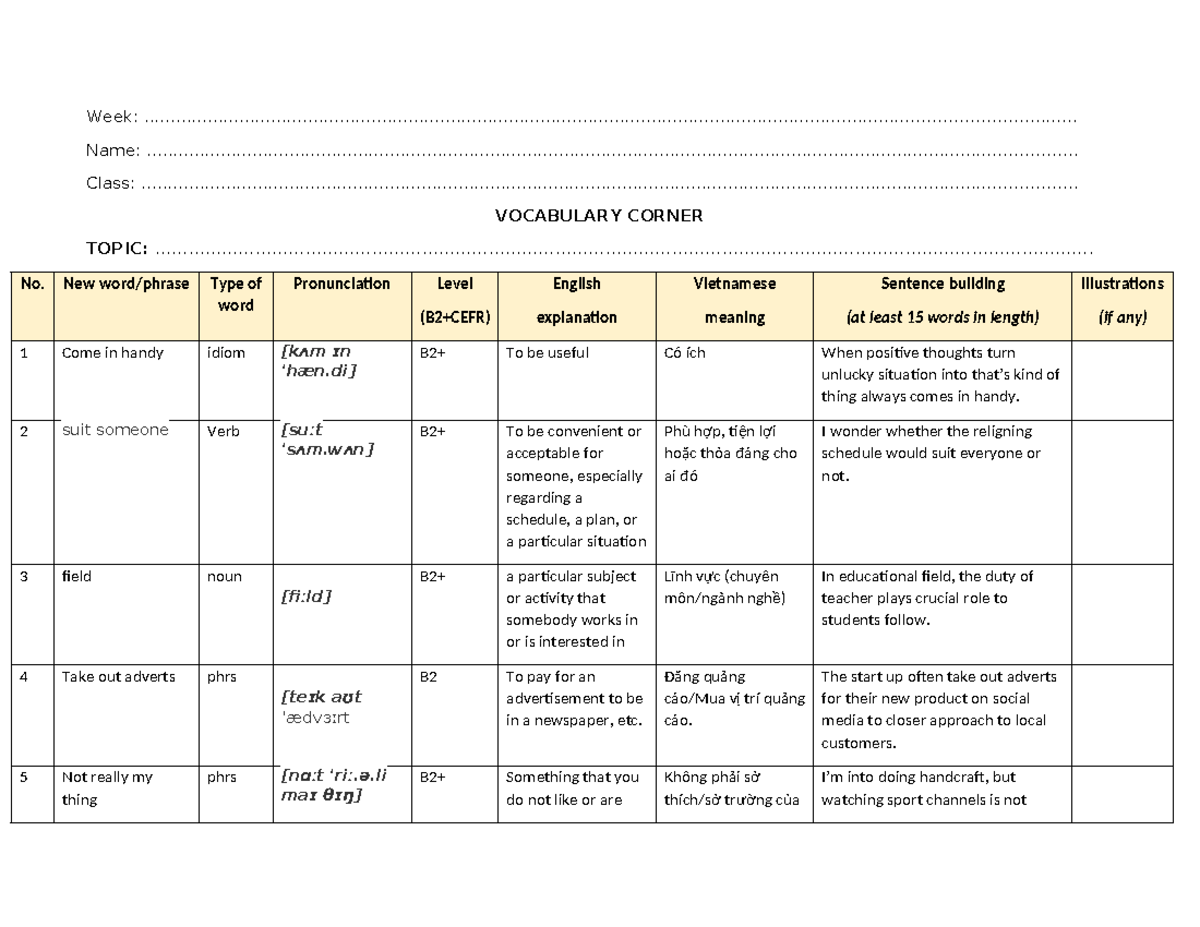 Vocabulary Corner: Template Vocabulary Sheet (Individuals) - Studocu