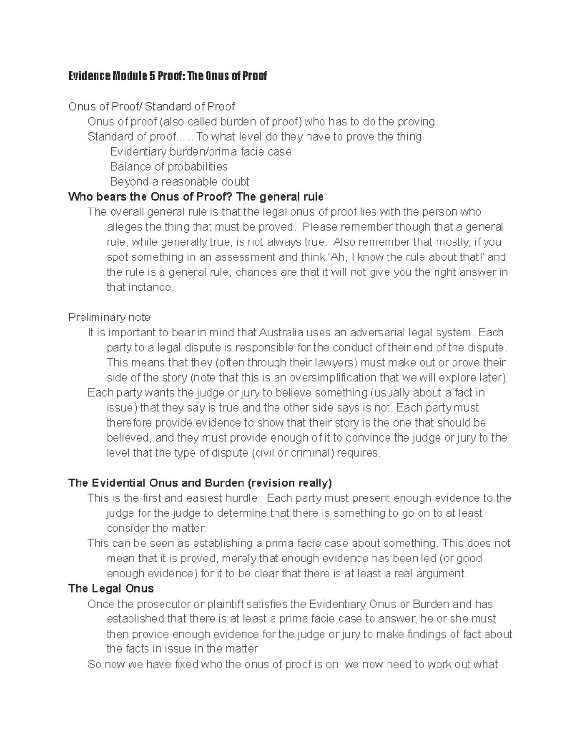 Evidence Module 5: Onus and Standard of Proof Explained - Studocu