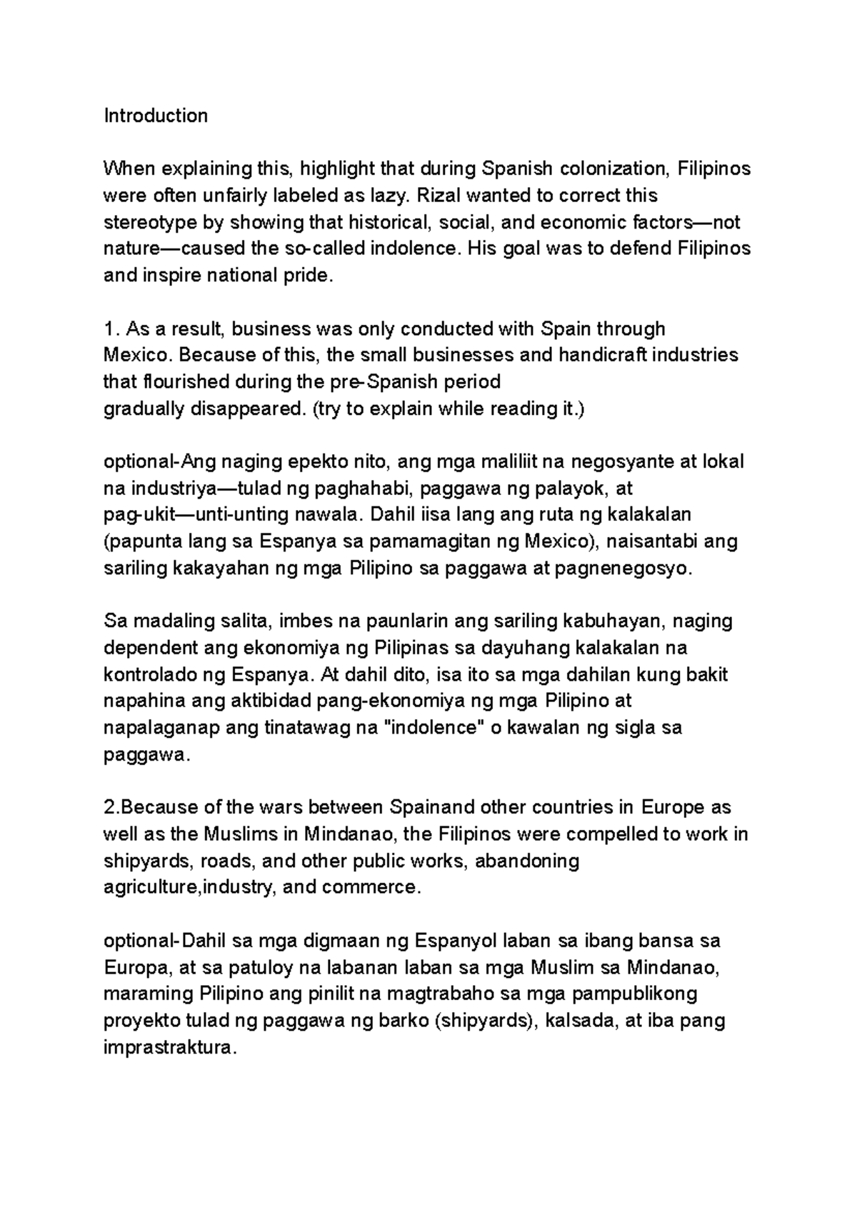 Notes on Rizal's Critique of Filipino Indolence (Course Code: 15) - Studocu